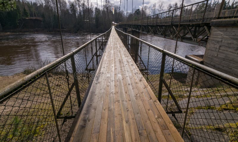 Beautiful Spring Landscape with a Cable Bridge Over the River Stock ...