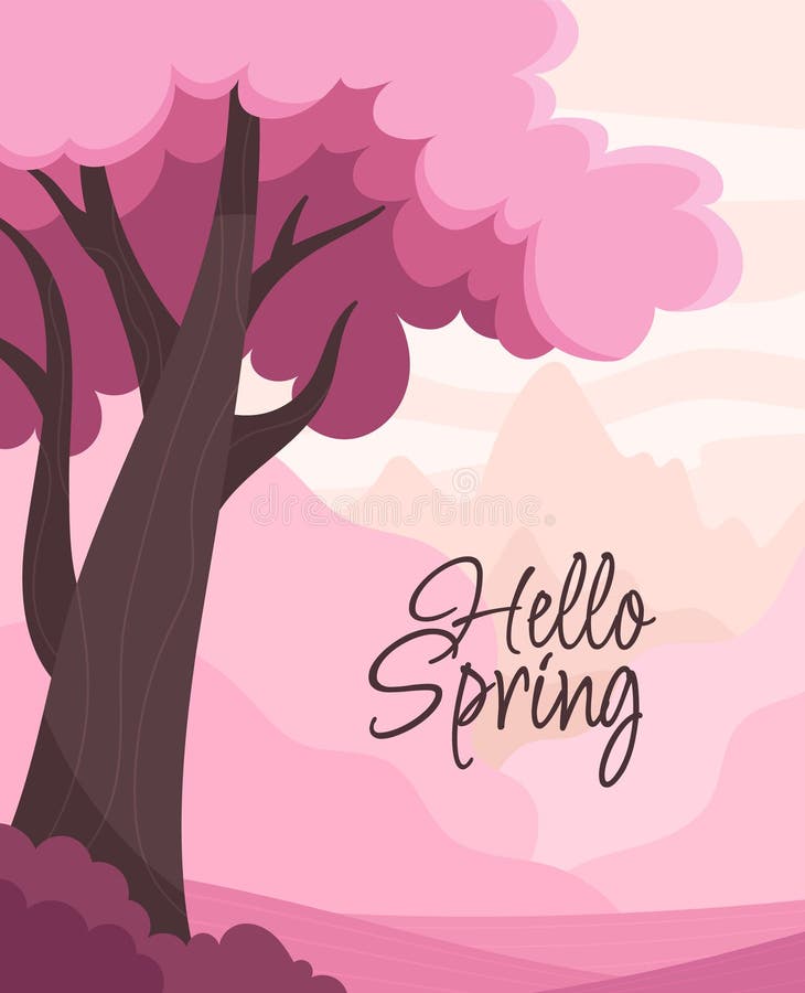 Beautiful Spring Landscape in Cartoon Flat Style. Hello Spring Stock ...