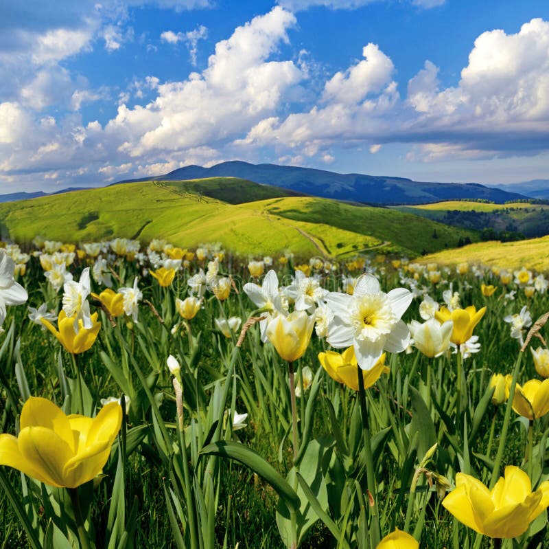 Beautiful Spring Landscape with Daffodils Against the Sky with C Stock ...