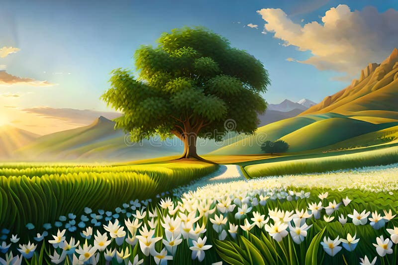 Beautiful Spring Landscape with River and Trees, Digital Art Painting ...