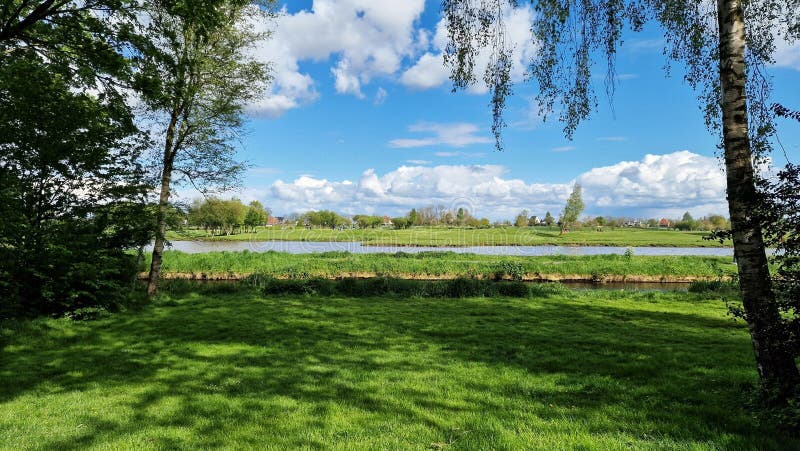 Beautiful Spring Landscape with Green Meadows and Stream. Stock Photo ...