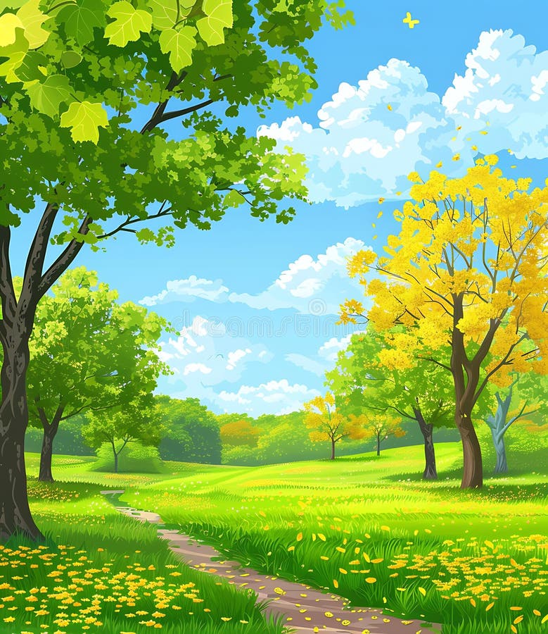 Beautiful Spring Landscape with Green Trees and a Winding Path ...