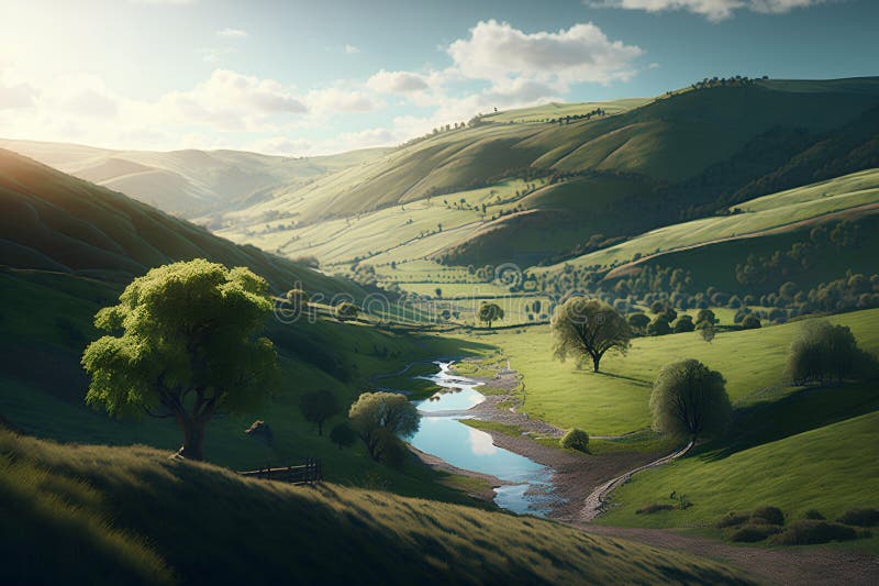 Beautiful Spring Landscape in the Mountains. 3d Render Illustration ...
