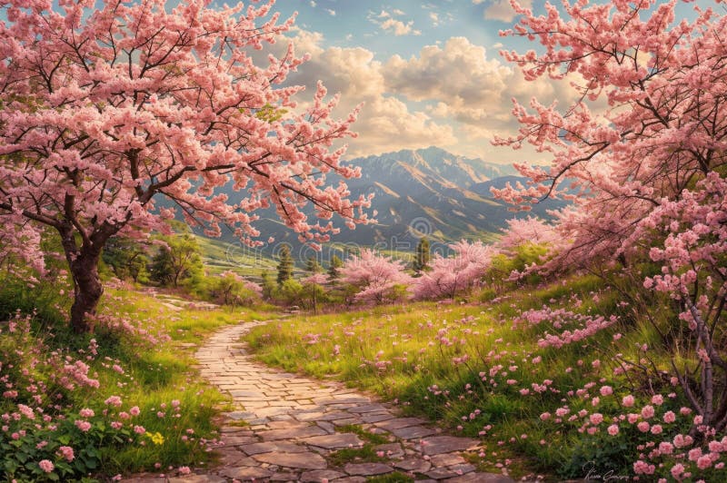 Beautiful Spring Landscape with Pink Cherry Blossoms in the Mountains ...
