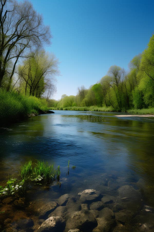 Beautiful Spring Landscape with River and Blue Sky. Nature Composition ...