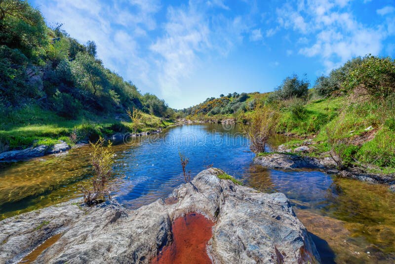 Beautiful Spring Landscape with River and Blue Sky in South of Spain ...
