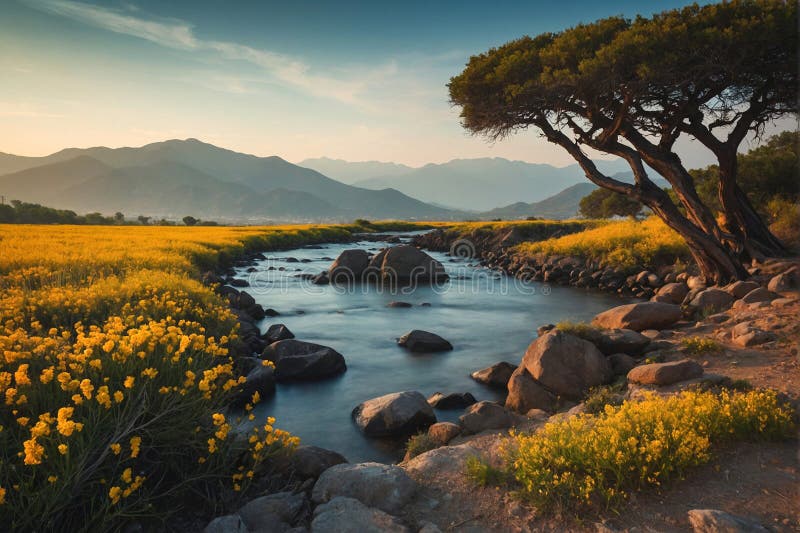 Beautiful Spring Landscape with River and Pine Trees Stock Illustration ...