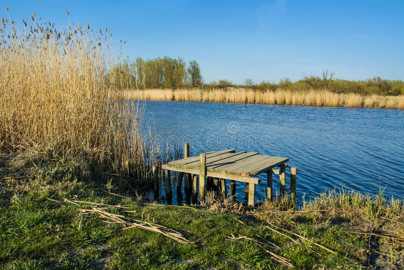 Beautiful Spring Landscape, River, Reeds and a Bridge Stock Image ...