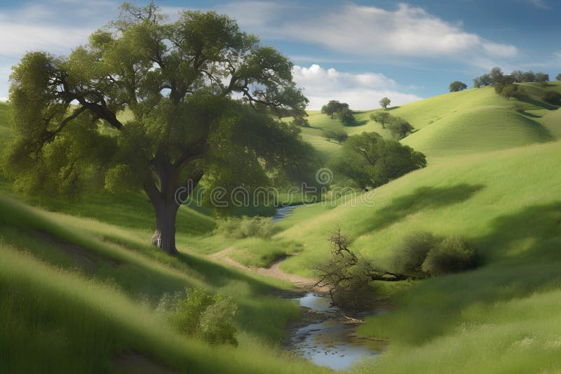 Beautiful Spring Landscape with a River and a Tree on the Hill Stock ...