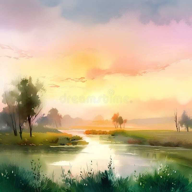 Beautiful Spring Landscape with River, Trees and Clouds. Digital ...