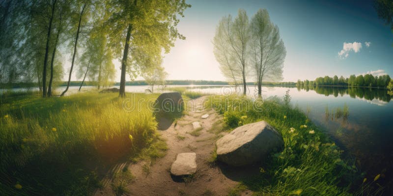 Beautiful Spring Landscape with River and Trees. Panoramic View Stock ...