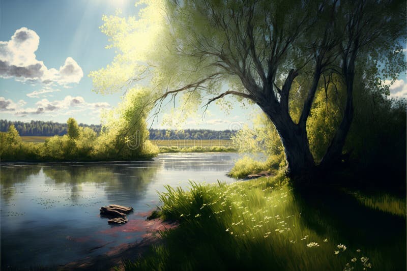 Beautiful Spring Landscape with River, Trees and Sky. Collage Stock ...