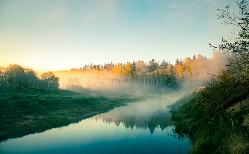 A Beautiful Spring Landscape of a River Valley with Morning Mist ...