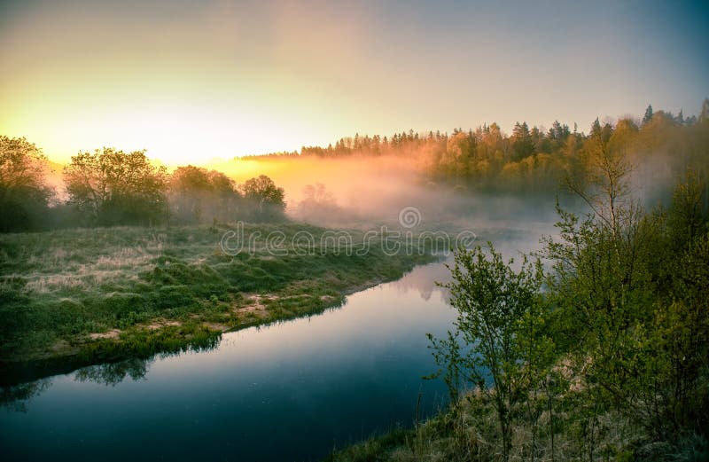 A Beautiful Spring Landscape of a River Valley with Morning Mist ...