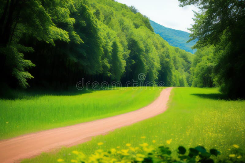 Beautiful Spring Landscape with a Road in the Forest and Green Grass ...