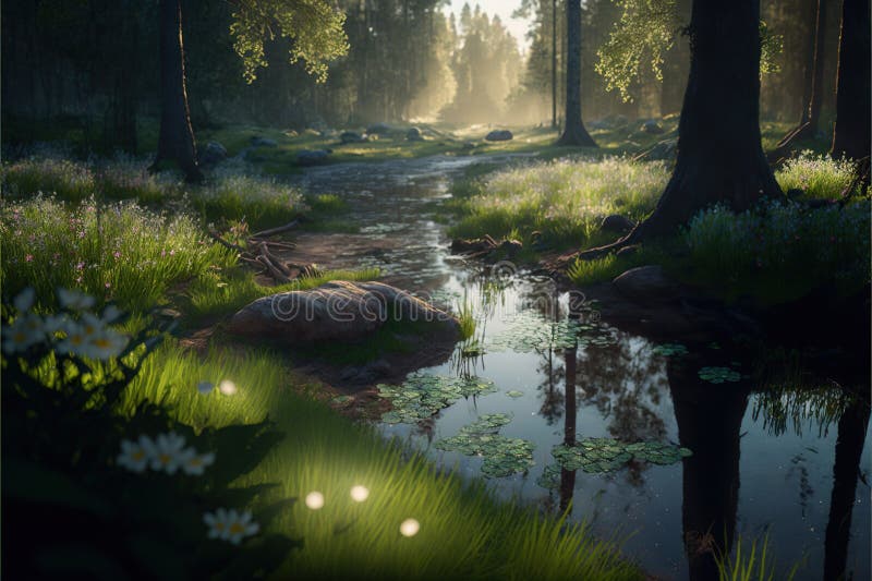 Beautiful Spring Landscape with a Small Pond in the Forest. Stock ...