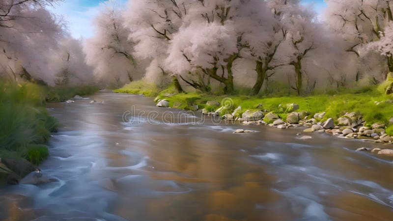 Beautiful Spring Landscape with White Soft Blossom Trees and River ...