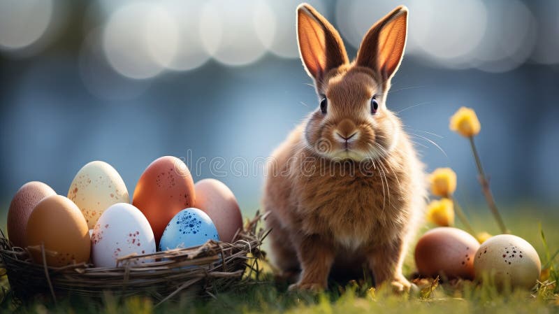 Beautiful Spring Meadow with Delightful Rabbit, Dew Drops, Colorful ...