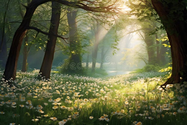 Beautiful Spring Meadow in the Forest, Sunlight through the Trees Stock ...