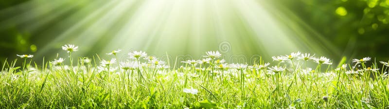 A Beautiful Spring Meadow with Green Grass and Daisies, with Rays of ...