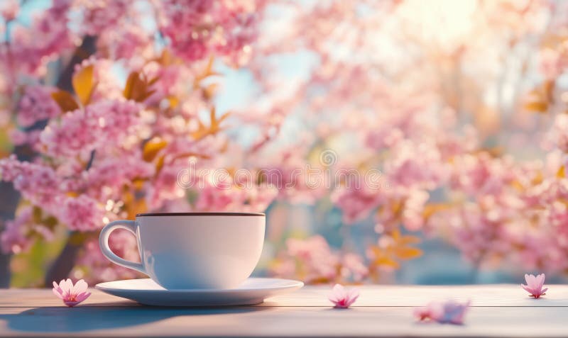 Beautiful Spring Morning Cup Coffee Surrounded Cherry Blossoms Stock ...