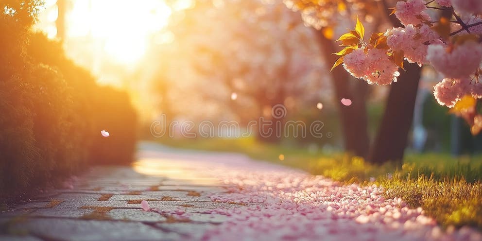 Beautiful Spring Pathway with Sunlit Cherry Blossoms and Falling Petals ...
