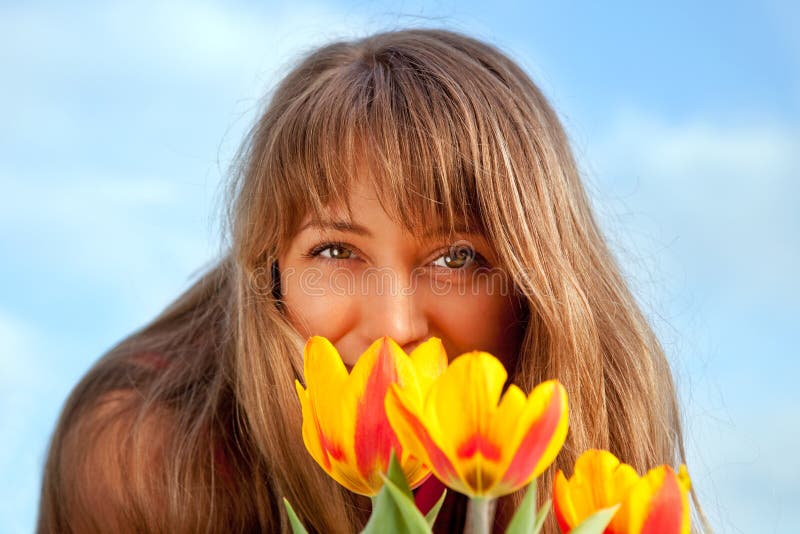 Beautiful Spring Portrait with Tulips. Stock Image - Image of hair ...