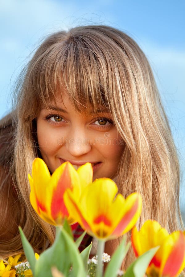 Beautiful Spring Portrait with Tulips. Stock Image - Image of portrait ...