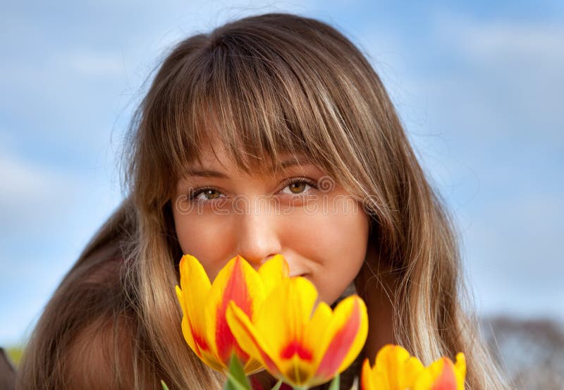 Beautiful Spring Portrait with Tulips. Stock Image - Image of yellow ...