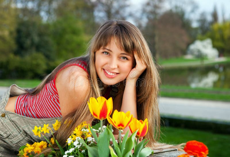 Beautiful Spring Portrait with Tulips. Stock Image - Image of people ...