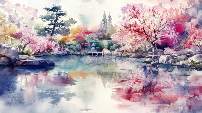 Beautiful Spring Scenery Blooming Cherry Trees Tranquil Water ...
