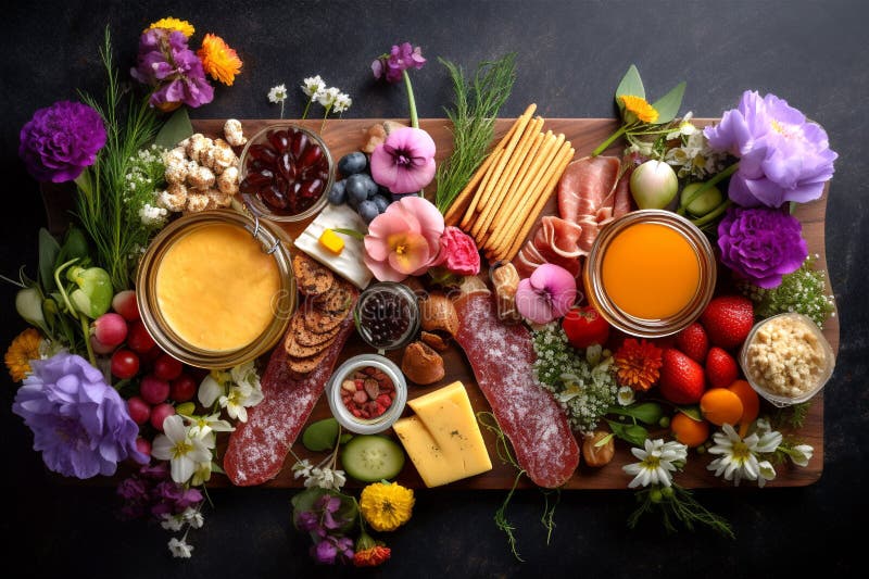 Beautiful Spring or Summer Appetizer Board with Snacks and Edible ...