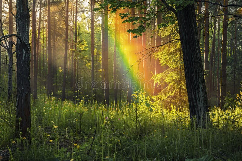 Beautiful Spring Sunrise in the Forest with Sun Rays and Rainbow Stock ...