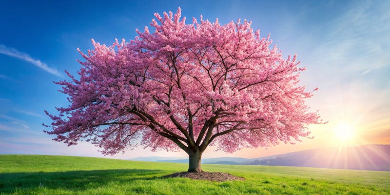 Beautiful Spring Tree with Pink Flowers on Green Meadow at Sunset AI ...