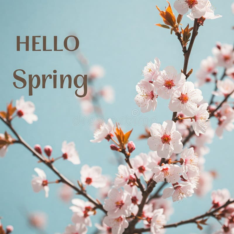 Beautiful Springtime Cherry Flowers with Hello Spring Text Stock ...
