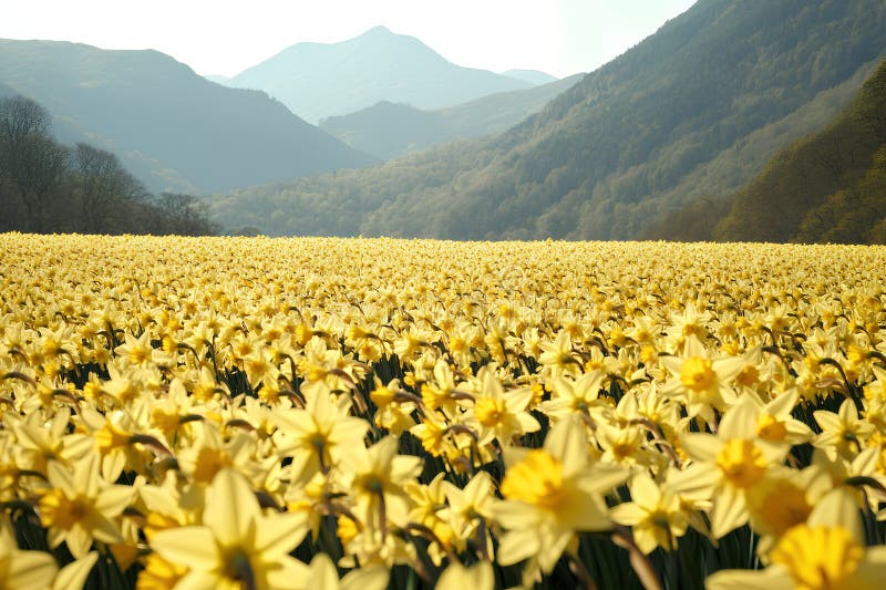 Daffodil Field in the Springtime with Mountains in the Background Stock ...