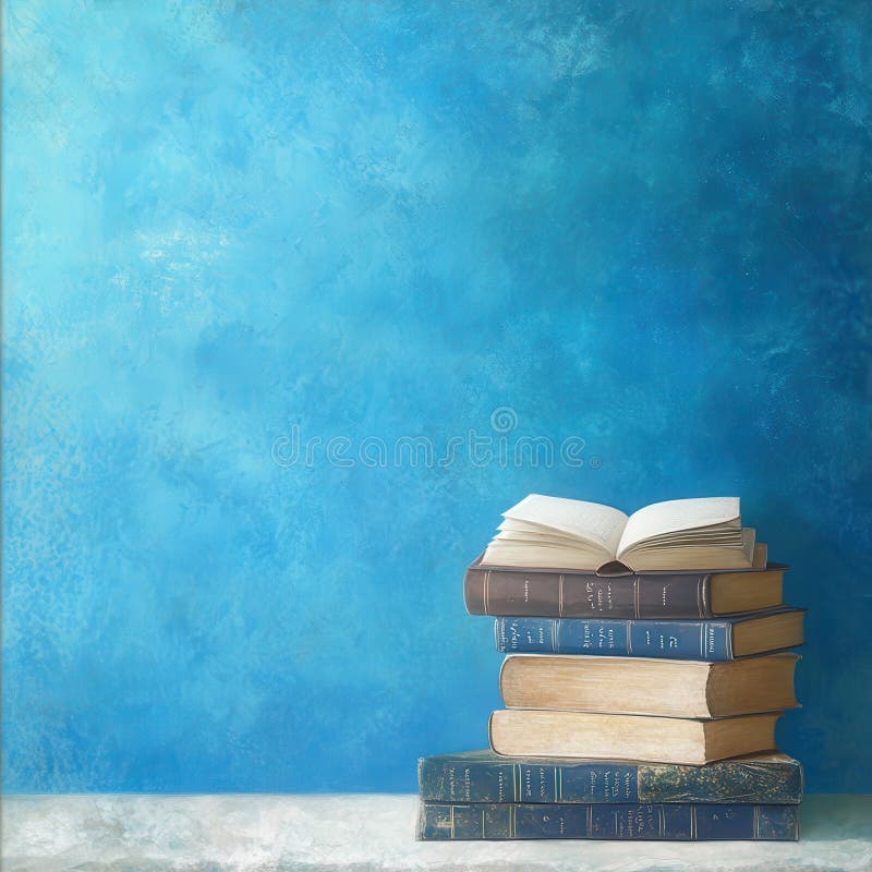 A Beautiful Stack of Antique Books with One Open on a Textured Blue ...