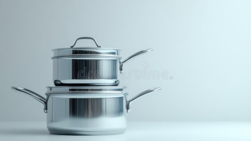 A Beautiful Stack of Stainless Steel Cooking Pots Gleaming in Soft ...