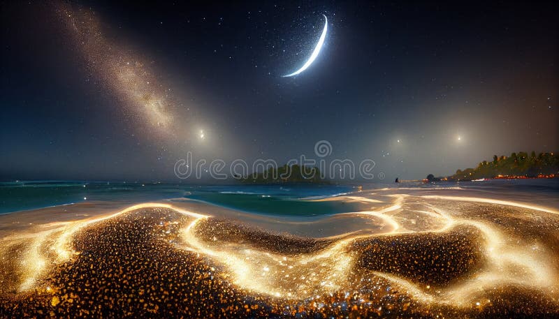 Beautiful Star Light Glowing View of Beach at Night Generative AI Stock ...