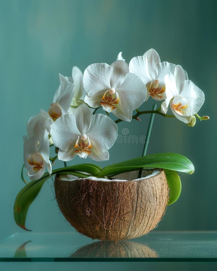 A Beautiful Still Life Image of a White Orchid in a Coconut Shell. the ...