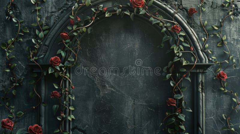 A Beautiful Stone Arch Covered in Lush Vines and Red Roses Stock Photo ...