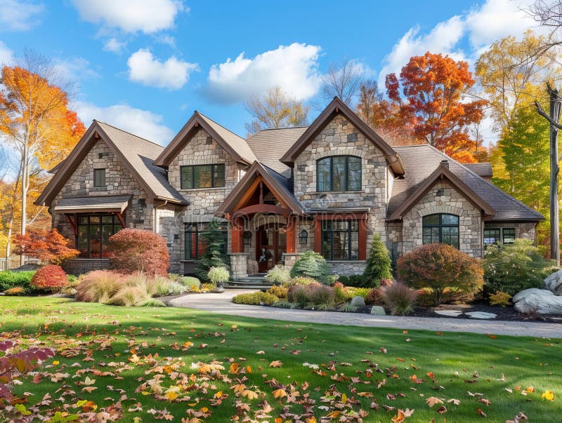A Beautiful Stone Home in the Fall Stock Image - Image of property ...