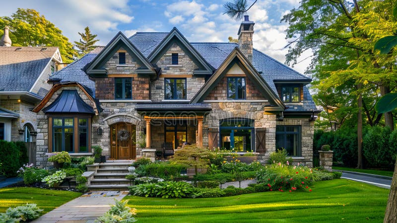 A Beautiful Stone House with a Large Front Yard Stock Image - Image of ...