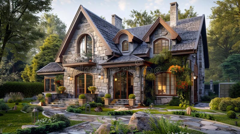 A Beautiful Stone House in the Middle of a Garden Stock Photo - Image ...