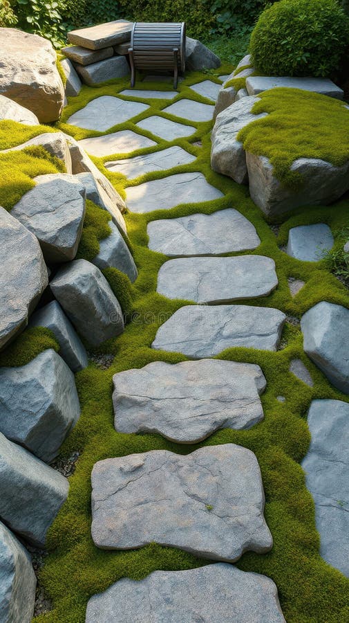 Beautiful Stone Pathway Surrounded by Moss and Rocks in a Serene Garden ...