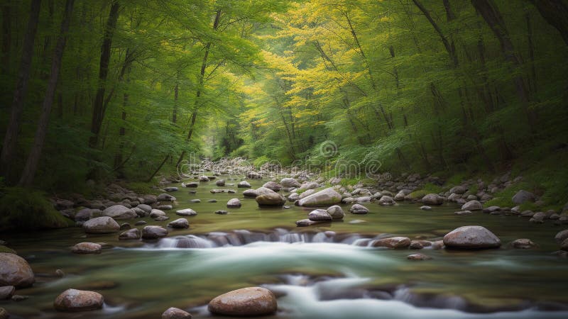A Beautiful Stream Running through a Lush Green Forest Filled with ...