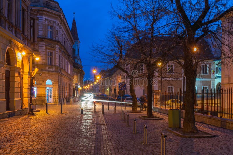 Beautiful Street in the Evening in Sibiu, Romania Stock Photo - Image ...