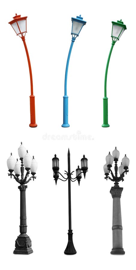 Beautiful Street Lamps on White Background, Collage Stock Image - Image ...