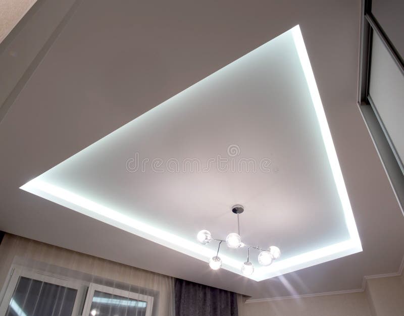 Beautiful Stretch Ceiling with LED Lighting, Spotlights Around the ...
