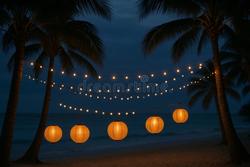 Beautiful String Lights and Lanterns Illuminate a Beach Setting Under ...